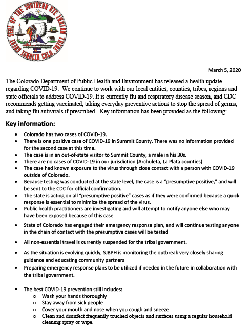CORONAVIRUS PSA – 03052020 – Southern Ute Indian Tribe