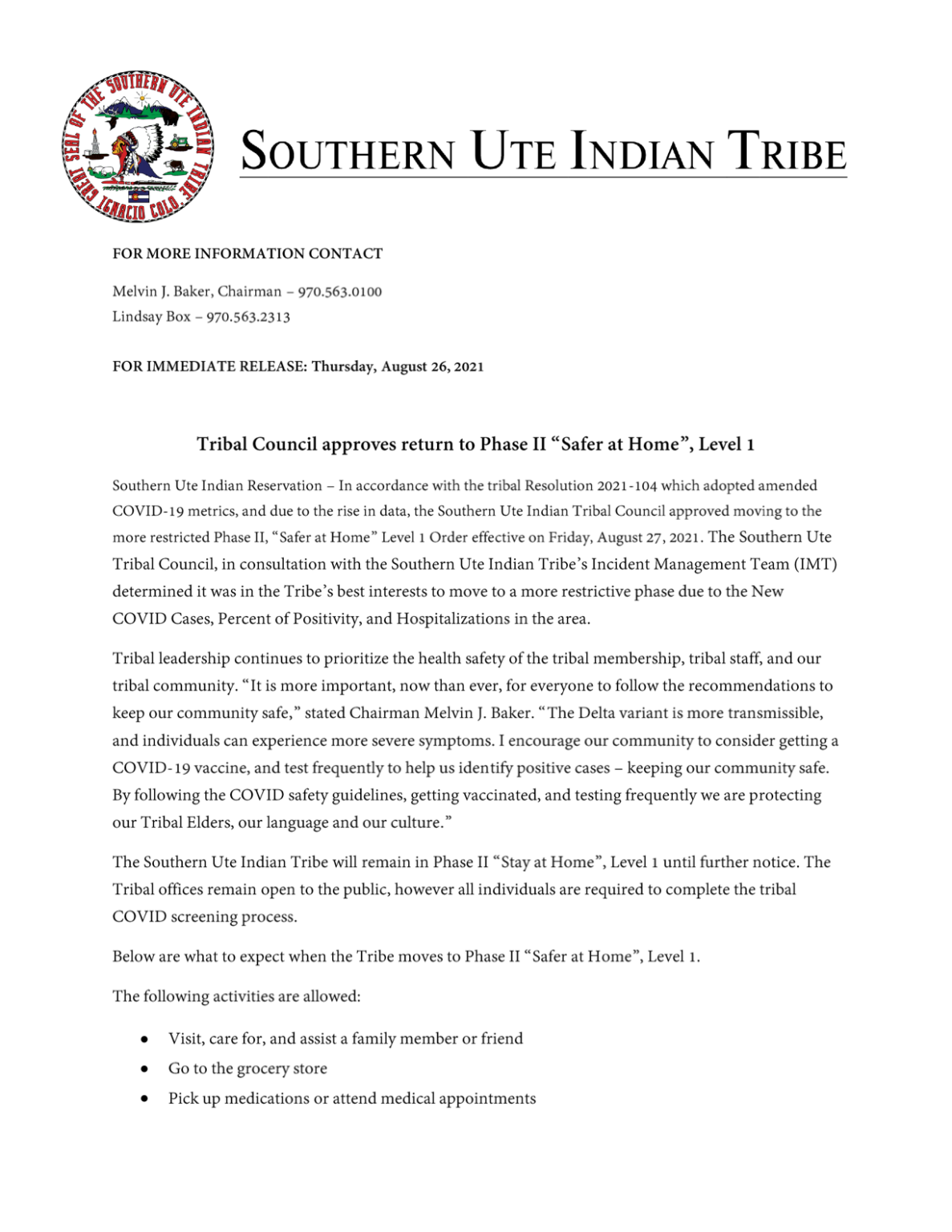 20210826 – Tribal Council approves return to Phase II Safer at Home ...
