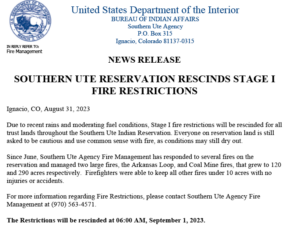 Stage I Fire Restrictions Rescinded – Southern Ute Indian Tribe