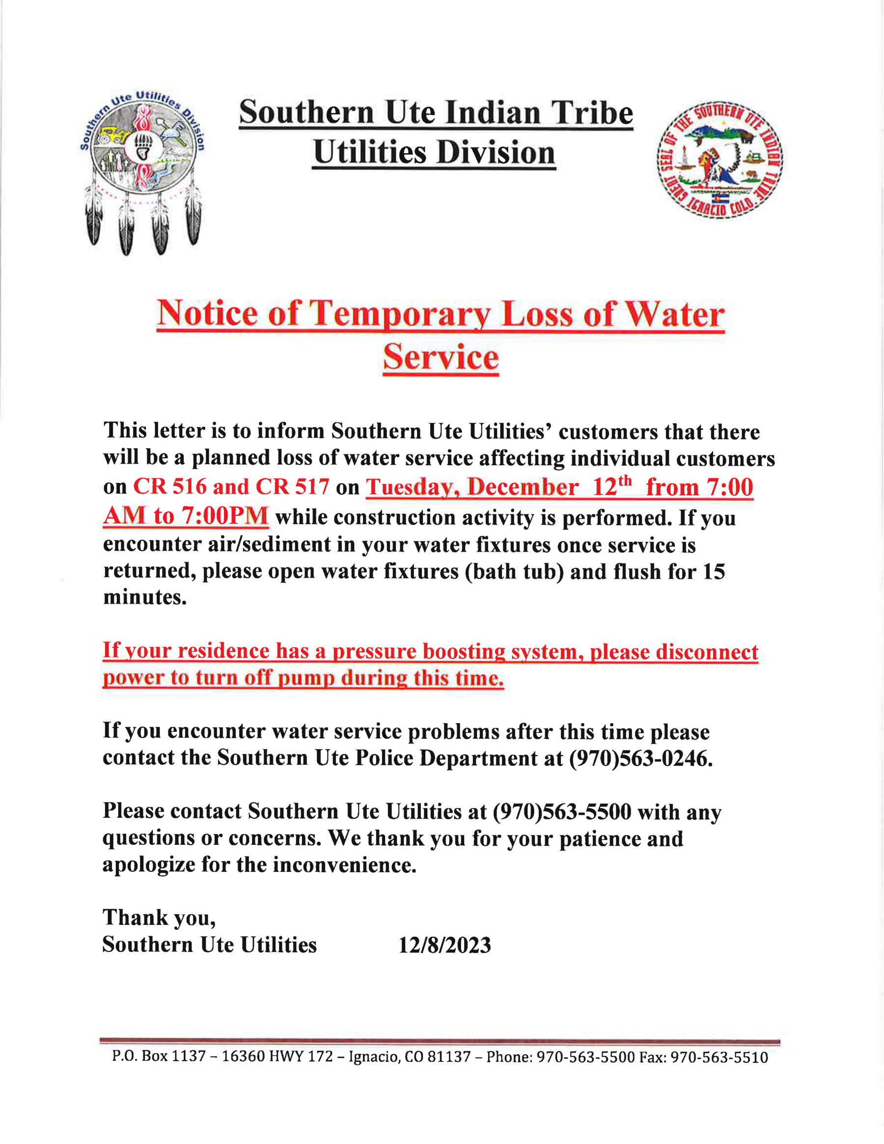 SU Utilities Notice of Temporary Water Loss of Water Service – Southern ...