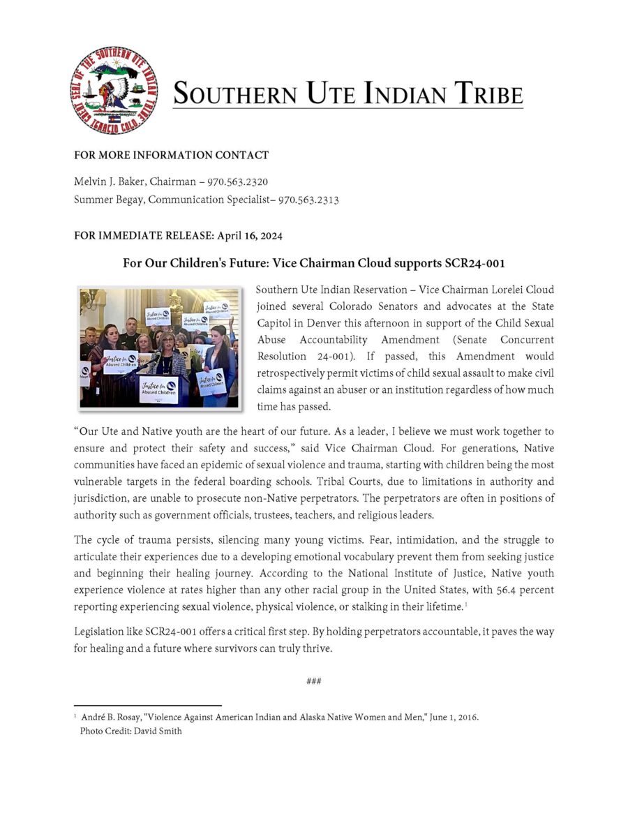 SCR24-001 Press Conference Release 04162024 – Southern Ute Indian Tribe