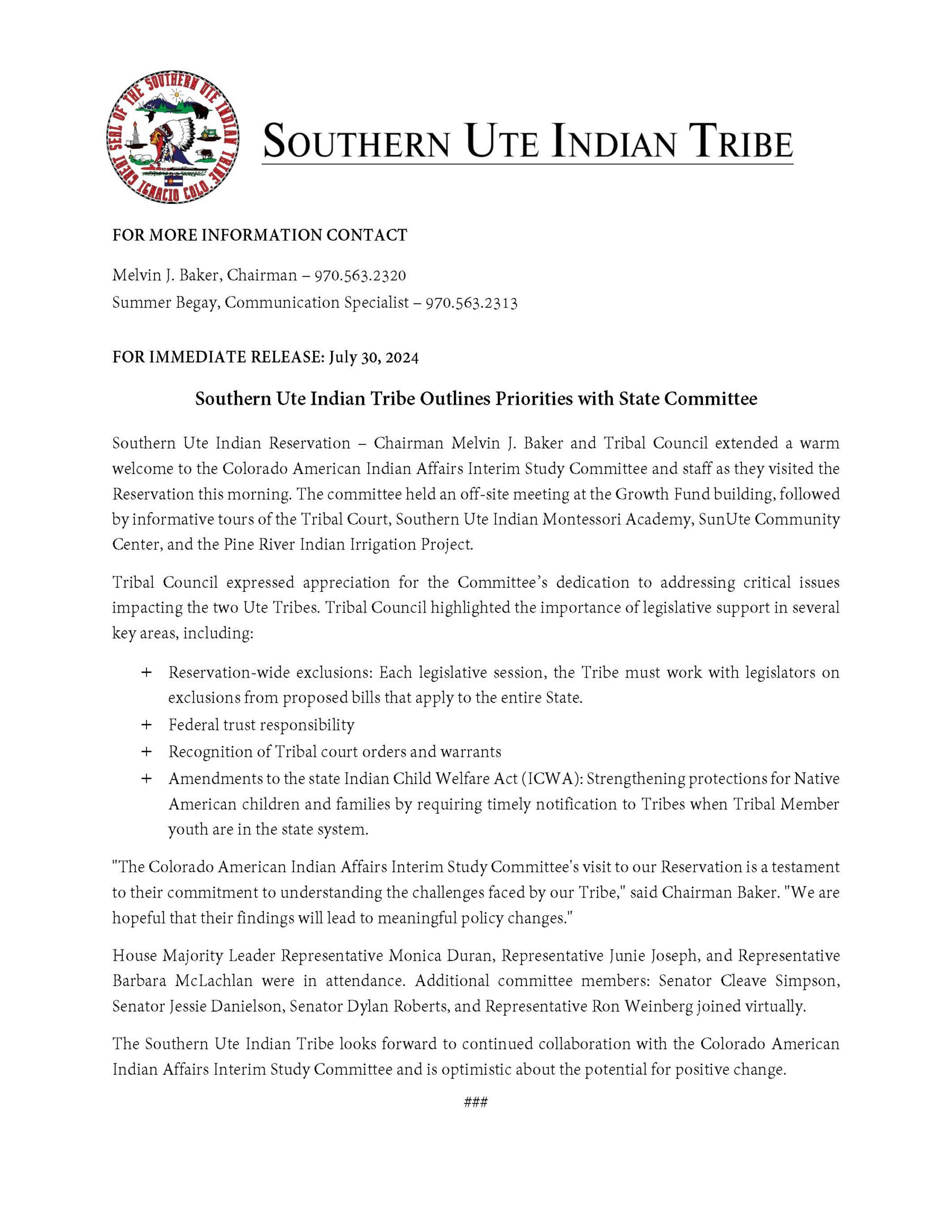 For Immediate Release: Southern Ute Indian Tribe Outlines Priorities ...