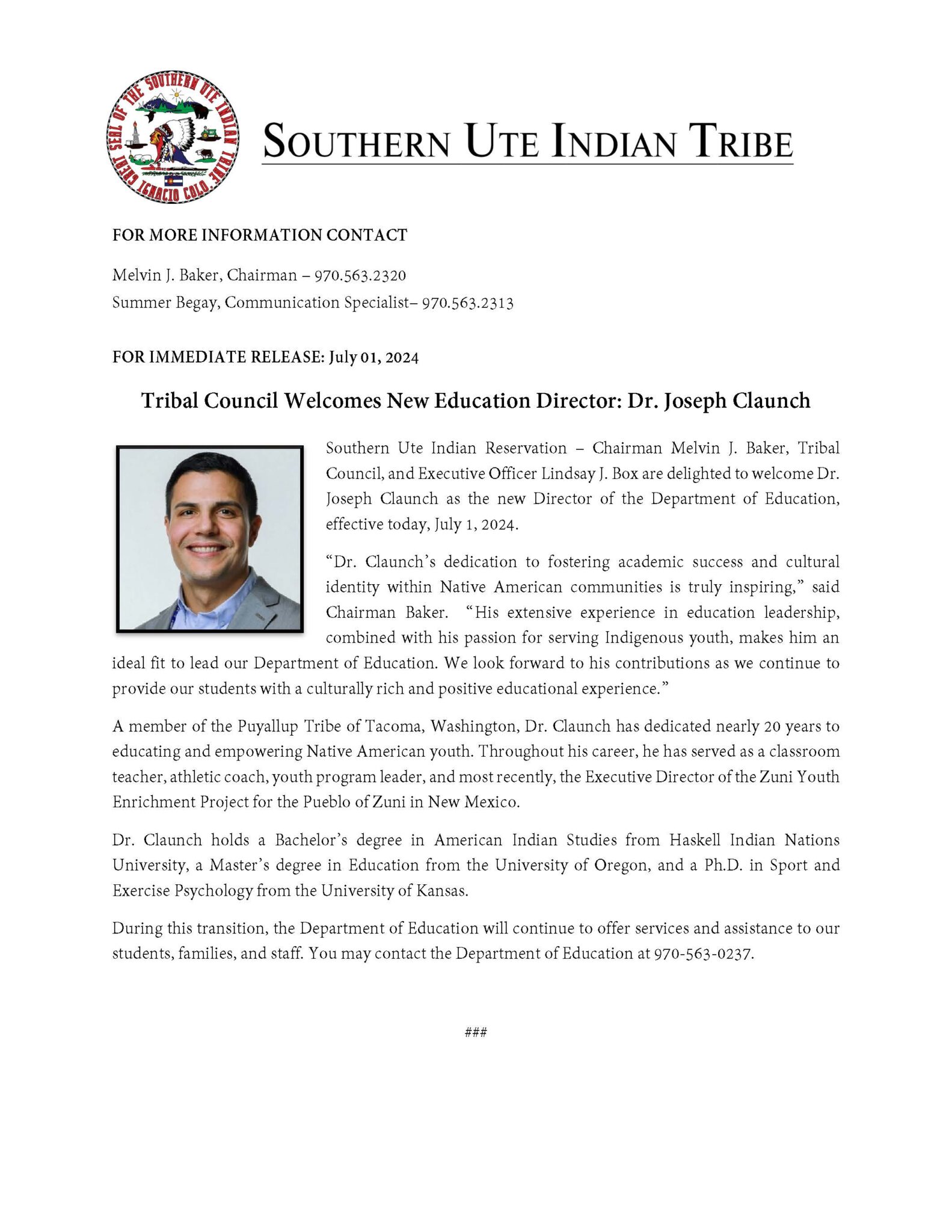 Tribal Council Welcomes New Education Director Dr. Joseph Claunch Press ...