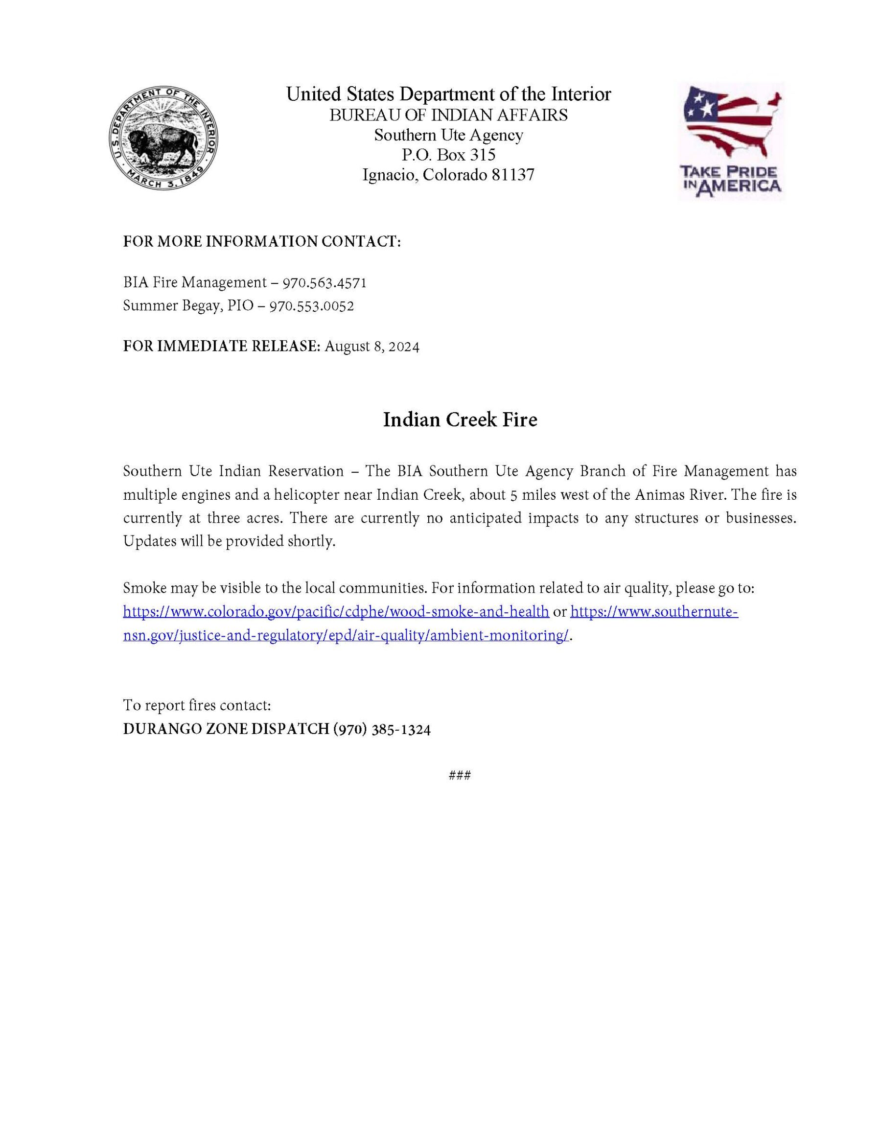 BIA Fire Management For Immediate Release: Indian Creek Fire 08082024 ...
