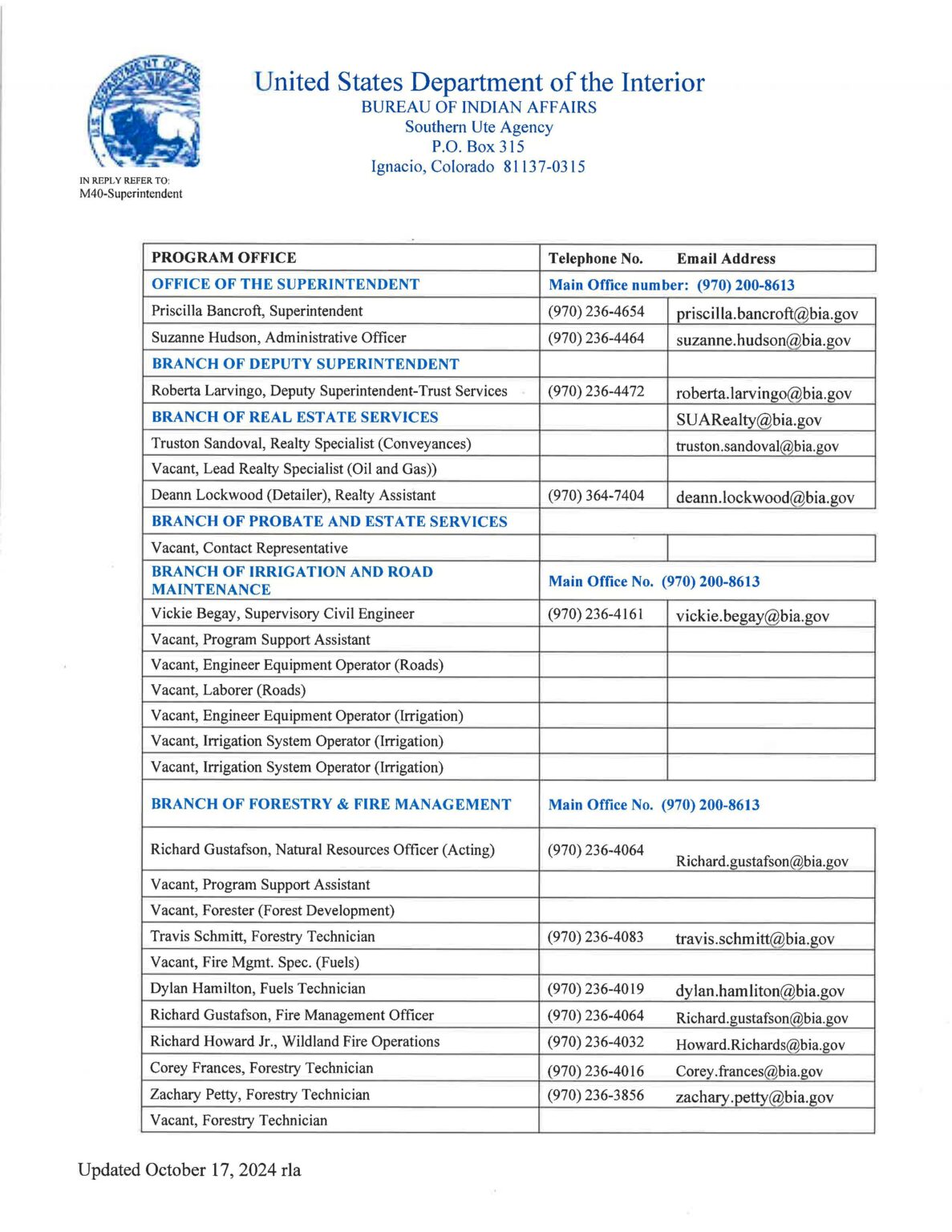 BIA Phone Numbers – Updated Oct. 2024 – Southern Ute Indian Tribe