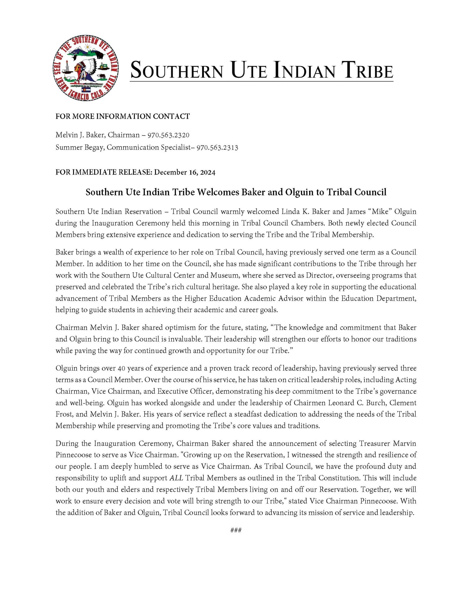 Southern Ute Indian Tribe Welcomes Baker and Olguin to Tribal Council ...