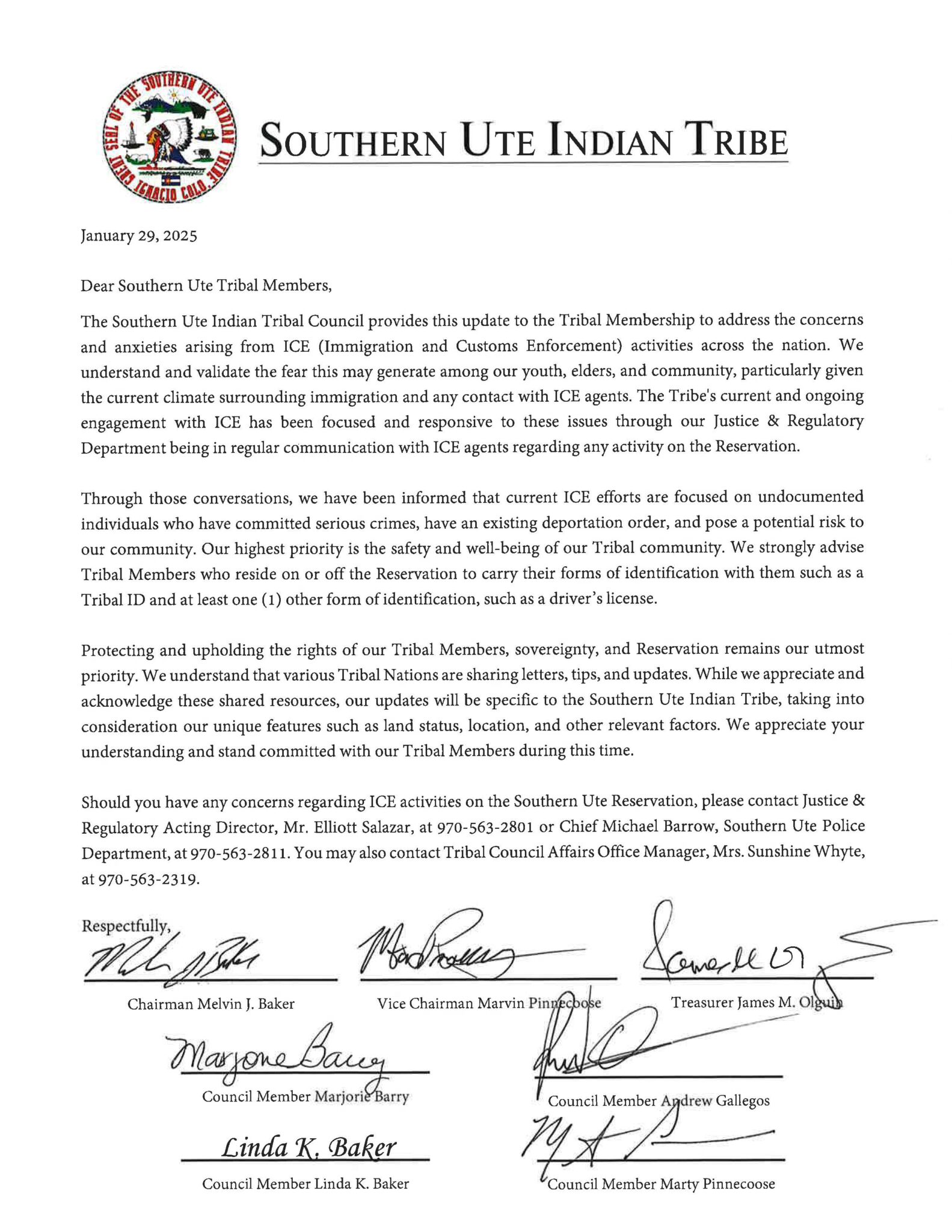 ICE Concern Update Letter – Southern Ute Indian Tribe