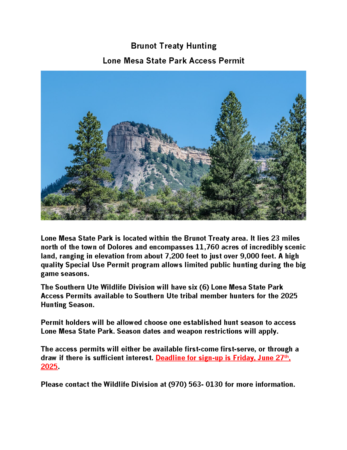 Southern Ute Wildlife Division offers (6) Lone Mesa State Park Access ...