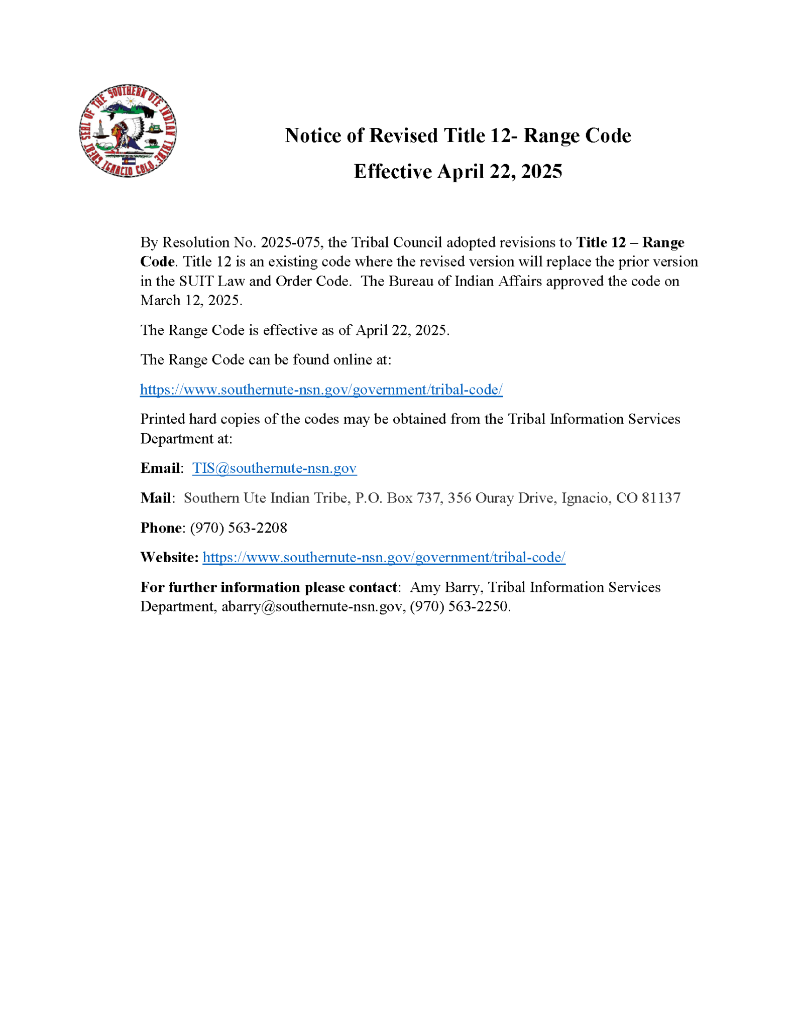 Southern Ute Tribal Council Adopts Revisions to Title 12 – Range Code ...